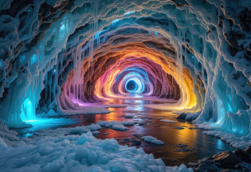 Glowing Ice Cave Tunnel with Reflections and Colorful Light Effects ...