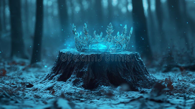 A Glowing Ice Crown Resting on a Tree Stump in a Mystical Forest Stock ...
