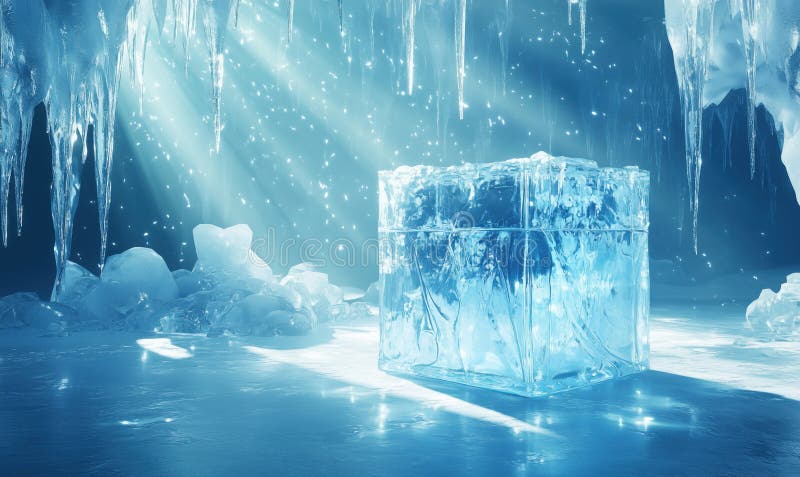 Glowing Ice Cube in Ethereal Ice Cave with Sparkling Light Rays and ...