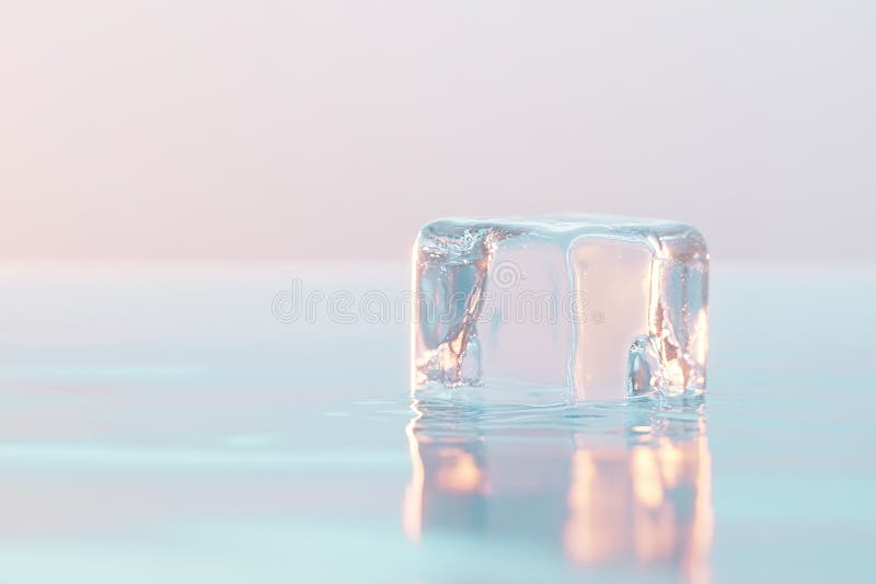 A Glowing Ice Cube Gently Dissolves into a Tranquil Pool of Soft Blue ...