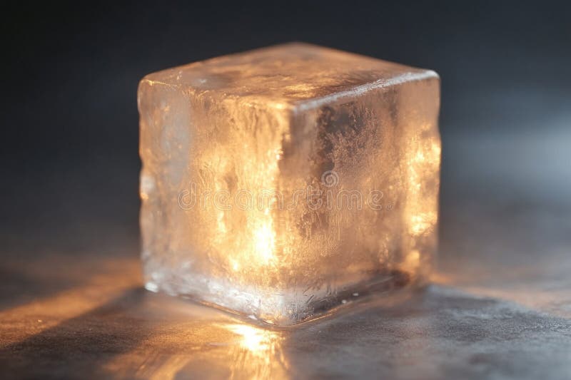 Glowing Ice Cube Melting on a Dark Background, Creating a Warm Light ...