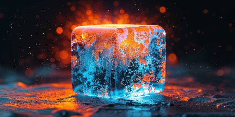 Glowing Ice Cube with Orange and Blue Energy. Stock Image - Image of ...