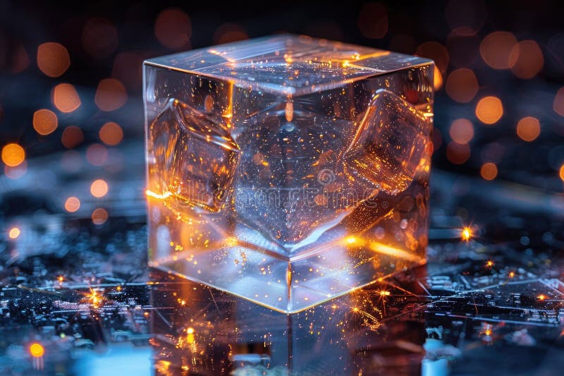 Glowing Ice Cube with Sparkles and Bokeh Lights Stock Image - Image of ...