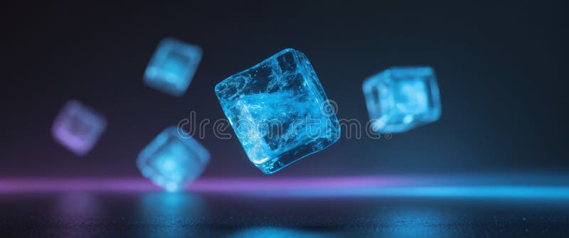 Glowing Ice Cubes on Dark Background with Blue Neon Light Effects Stock ...