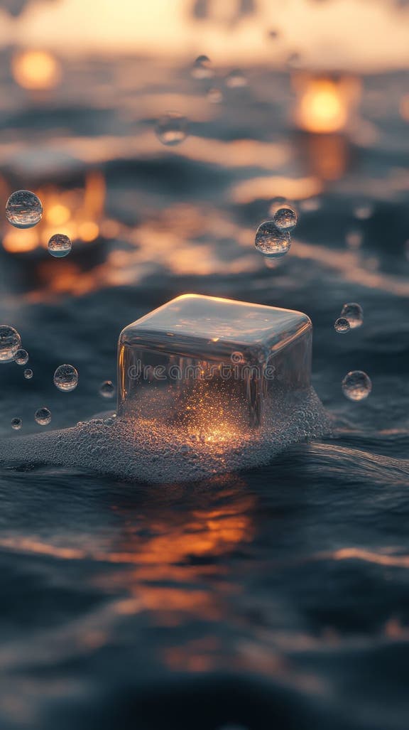 Glowing Ice Cubes Floating on Water with Bubbles at Sunset Stock ...