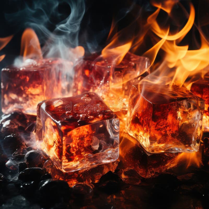 Glowing Ice Cubes Surrounded by Flames Creating a Striking Contrast in ...