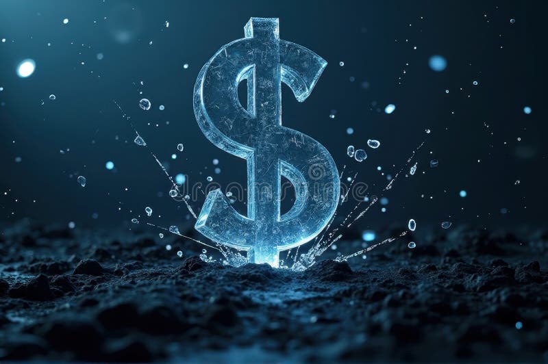 Glowing Ice Dollar Symbol Shattering on Dark Surface Stock Photo ...