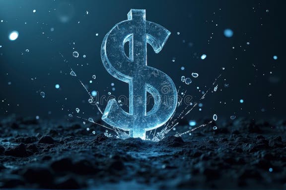 Glowing Ice Dollar Symbol Shattering on Dark Surface Stock Photo ...
