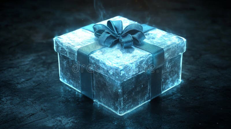 A Glowing, Ice-Encased Gift Box with a Blue Bow Stock Illustration ...