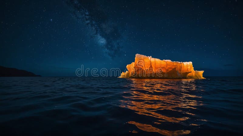 Glowing Iceberg Floating in Calm Waters Under a Starry Night Sky in a ...