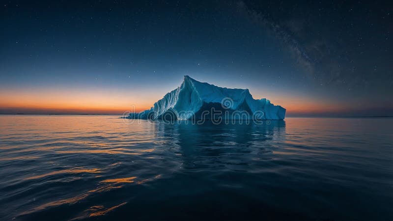 Glowing Iceberg Floating in Calm Waters Under a Starry Night Sky in a ...
