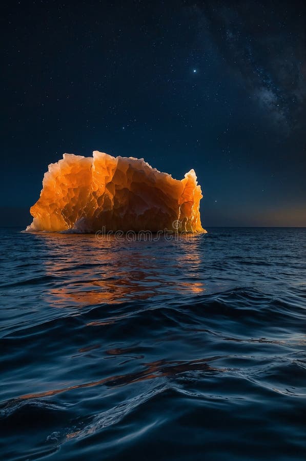Glowing Iceberg Floating in Calm Waters Under a Starry Night Sky in a ...