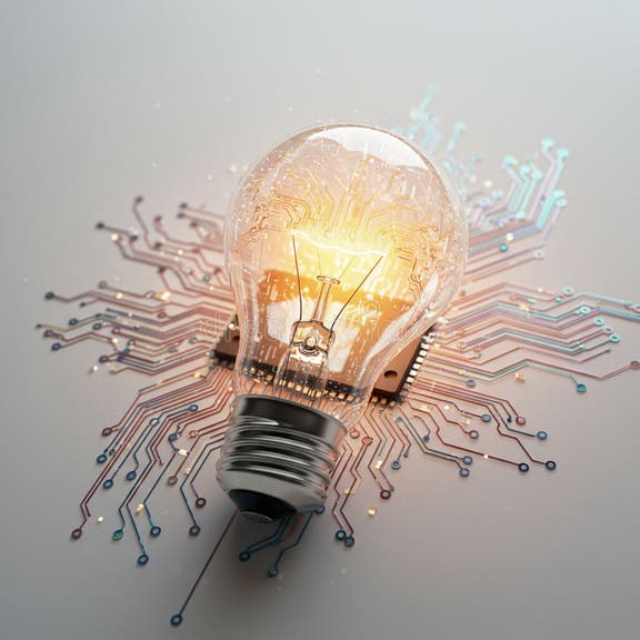 A Glowing Incandescent Light Bulb Rests on Top of a Microchip, with Circuit Board Stock ...