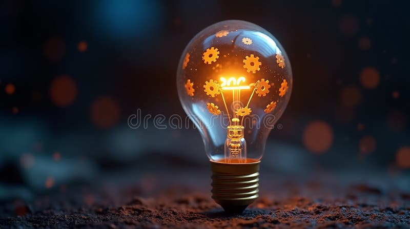 A Glowing Incandescent Light Bulb Standing on a Rough Dark Surface, Illuminated with Warm Orange ...