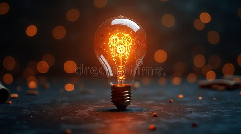 A Glowing Incandescent Light Bulb Standing on a Rough Dark Surface, Illuminated with Warm Orange ...