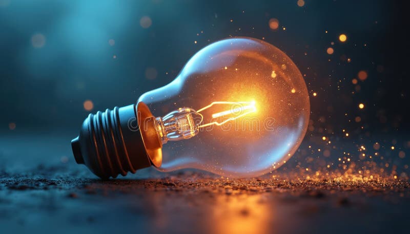 Glowing Incandescent Lightbulb. Warm Light Illuminates Dark Surface ...