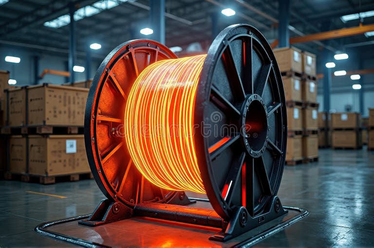 Glowing Industrial Cable Reel in Warehouse with Stacked Boxes and ...
