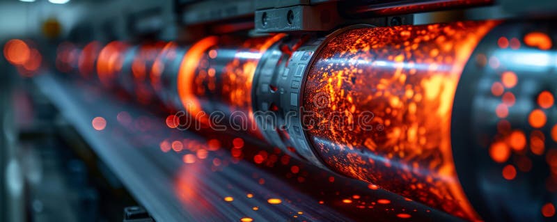 Glowing Industrial Printing Press Rollers in Motion at a Print Shop ...