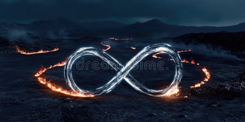 Glowing Infinity Symbol Amid Flaming Landscape at Night Stock Photo ...