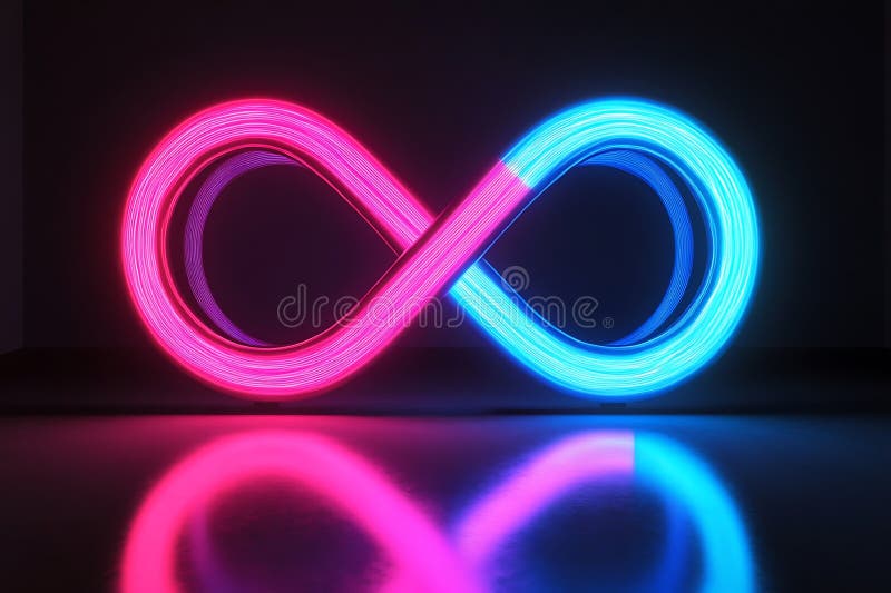 Glowing Infinity Symbol with Pink and Blue Neon Light Reflection on ...