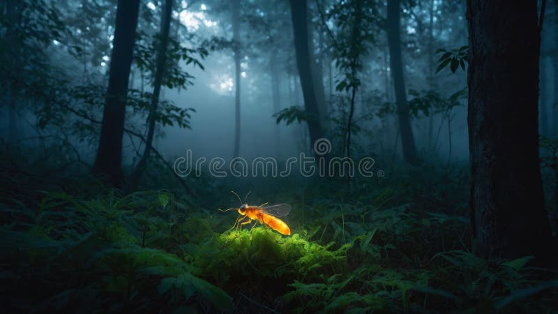 Glowing Insect in Dark Mysterious Forest at Night Stock Illustration ...