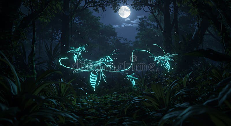 Glowing Insect Swarm Hovering in Dark Forest Under Full Moon Stock ...