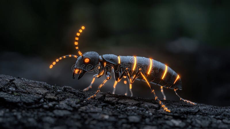 A Glowing Insect with Vibrant Lights Walking on a Dark Log, Showcasing ...