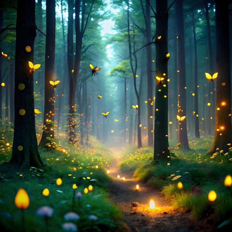 Glowing Insects in the Night Forest Stock Illustration - Illustration ...