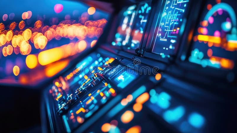 Glowing Instrument Panels in a Modern Airplane Cockpit Illuminated at ...