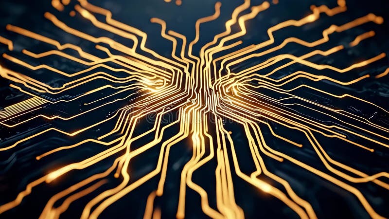 Glowing, Interconnected Circuit Lines Radiate from a Central Chip. Dark ...