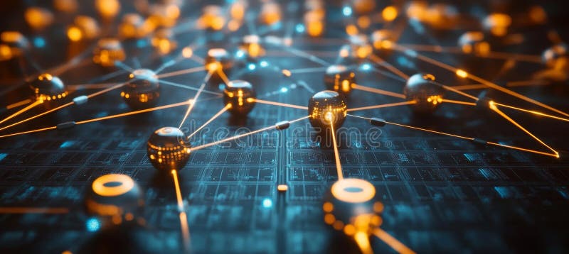 Glowing Interconnected Nodes and Data Transfer Network on a Futuristic ...