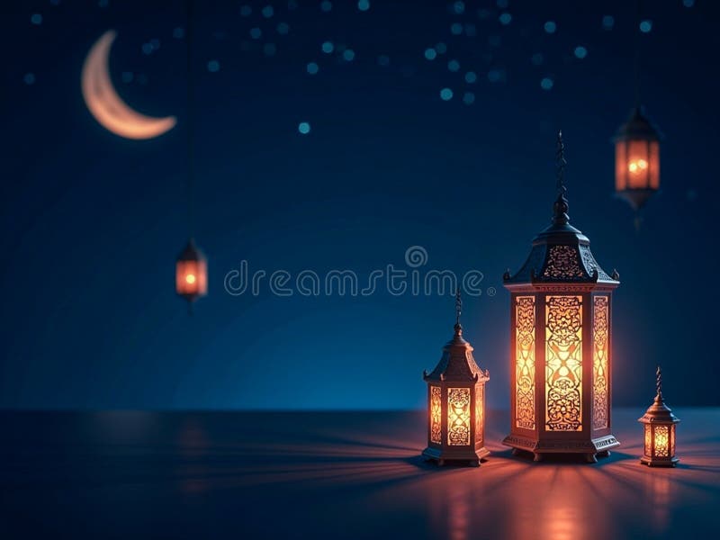 Glowing Islamic Lantern and Crescent Moon at Night for Ramadan or Eid ...