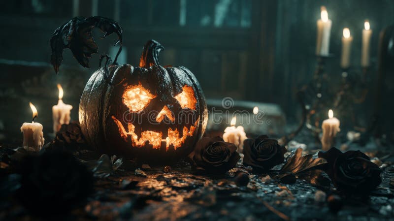 Glowing Jack-O -Lantern with Black Roses and Candles in a Dark Setting ...