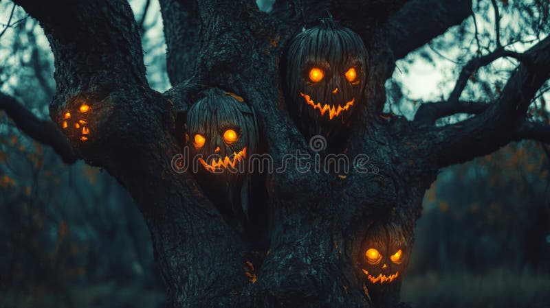 Glowing Jack-o -Lantern Faces Carved into a Tree Trunk Stock ...