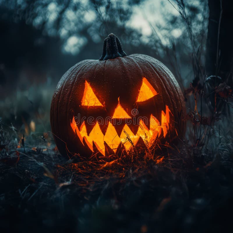 Spooky Carved Pumpkin Glowing in Twilight Field during Halloween Stock ...