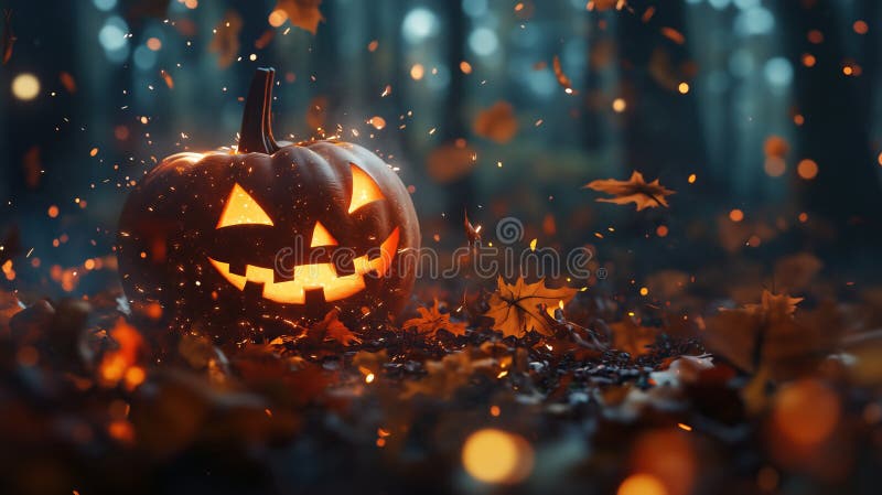 A Glowing Jack-o -lantern in a Spooky Forest Stock Image - Image of ...