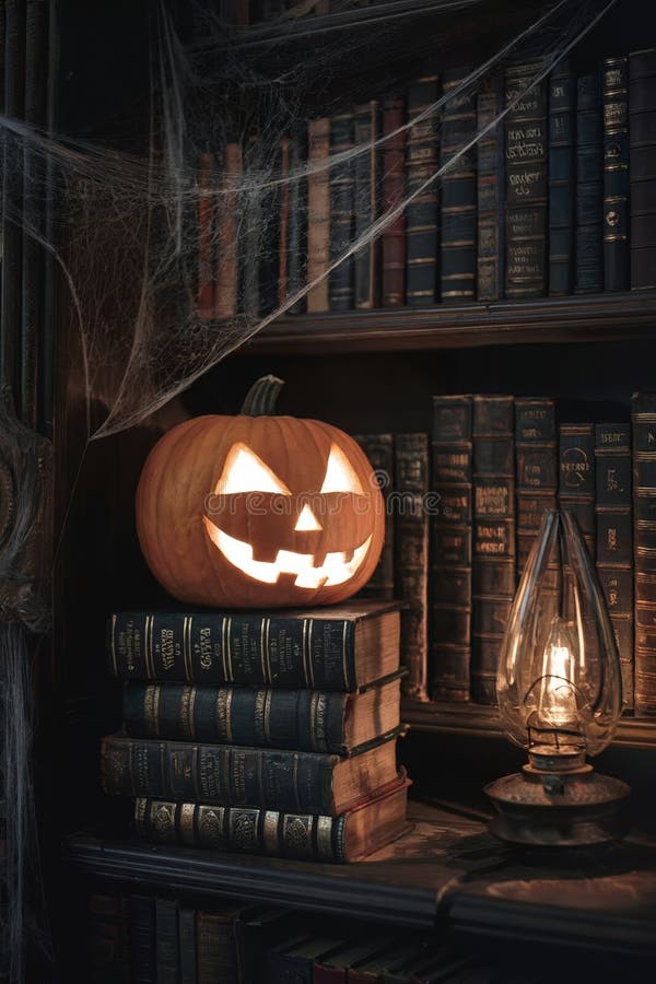 Glowing Jack-o -lantern on a Stack of Books in a Dimly Lit Old Library ...