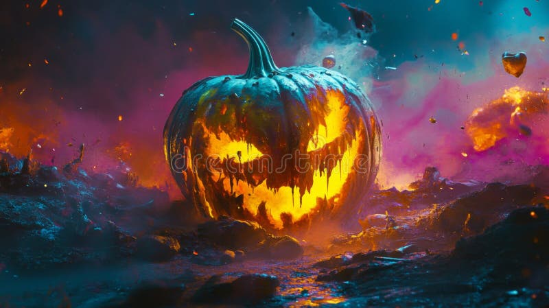 Glowing Jack-o -Lantern in a Surreal, Flaming Landscape Stock ...