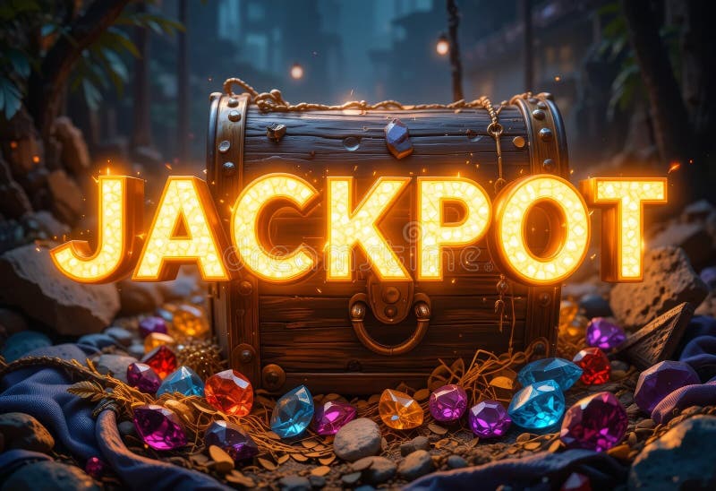 Glowing Jackpot Sign Over Treasure Chest and Gemstones. Stock Image ...