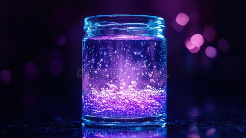 A Glowing Jar Filled with Vibrant Bubbles in Purple Light, Creating a ...