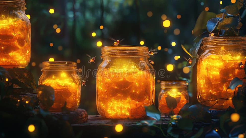 Glowing Jars of Fermented Fruit Under Buzzing Insect Lights . Stock ...