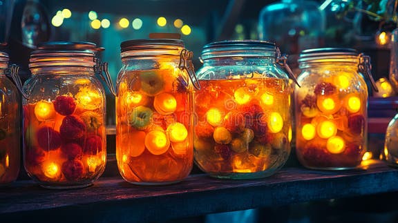 Glowing Jars of Fermented Fruit Under Buzzing Insect Lights . Stock ...