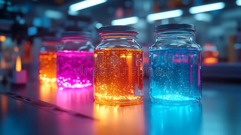 Glowing Jars Filled with Bioluminescent Liquid in Laboratory Setting ...