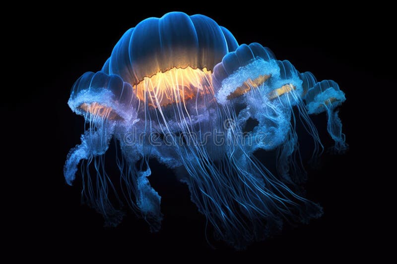 Glowing Jellyfish Moving in Deep Ocean during Nighttime Stock ...