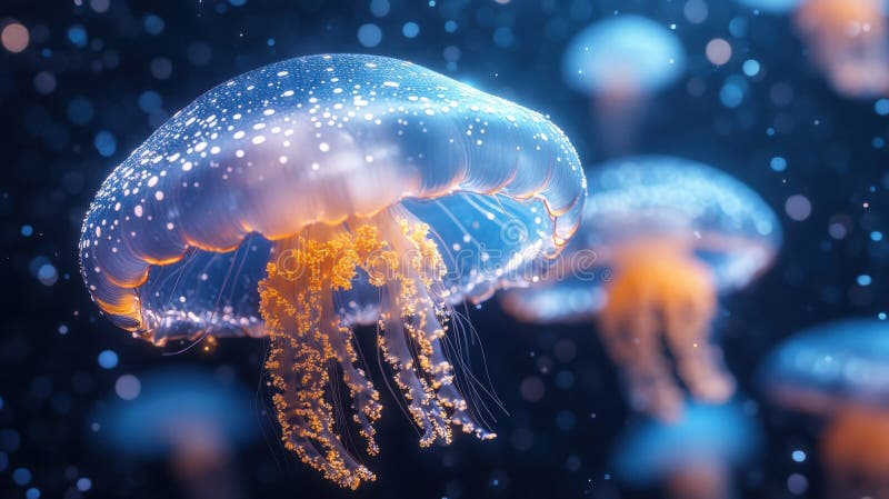 Glowing Jellyfish Swimming Gracefully Deep Ocean Night Stock Photos ...