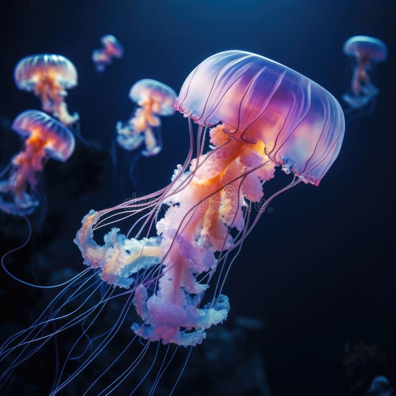 Glowing Jellyfish Underwater. Neon Jellyfish Stock Photo - Image of ...