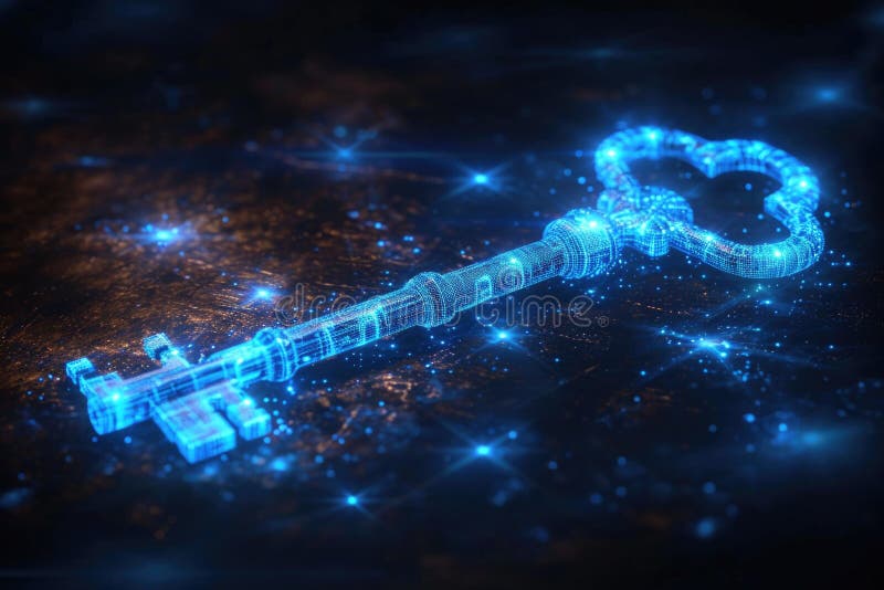 A Glowing Key on a Dark Surface with Blue Lights Stock Illustration ...