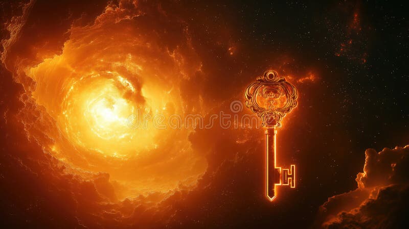 Glowing Key in Fiery Cosmic Vortex with Nebula and Stars Stock Image ...