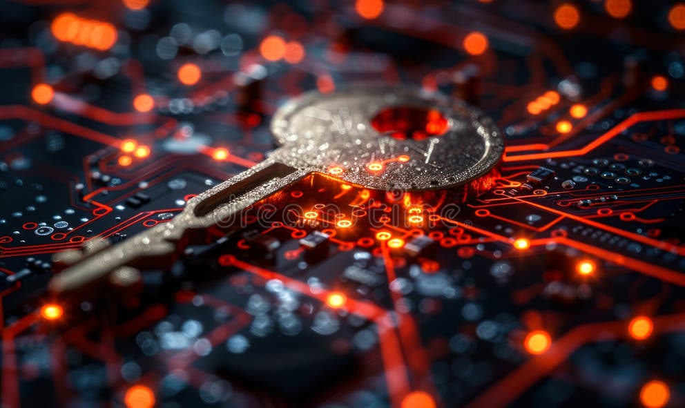 Glowing Key Symbol on a Circuit Board Pattern Illustrating Data Encryption Cybersecurity and ...