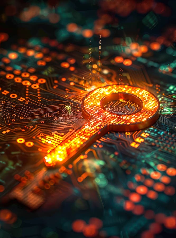 Glowing Key Symbol On A Circuit Board Pattern Illustrating Data Encryption Cybersecurity And